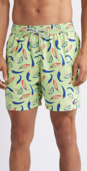 Tom & Teddy - Chilli Print Performance Swim Trunks in Lime/Blue