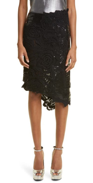 TOM FORD - Asymmetric Guipure Lace & Croc Embossed Leather Skirt in ...