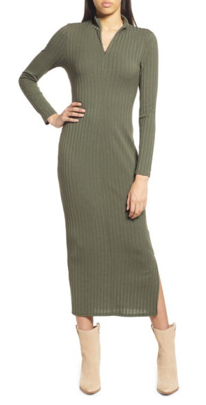 Treasure & Bond - Ribbed Long Sleeve Zip Front Dress in Olive Sarma at ...