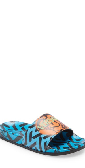 Versace - Medusa Smiley Face La Greca Slide Sandal in Sky Multicolor at ...