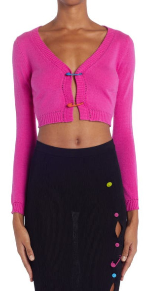 Versace - Safety Pin Crop Wool Cardigan in Fuxia at Nordstrom