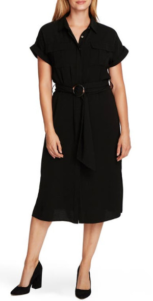 Vince Camuto - Rumple Twill Belted Midi Dress in Rich Black at Nordstrom