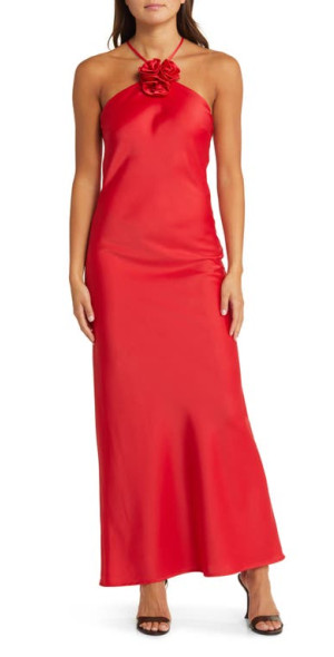 WAYF - The Adele Rosette Satin Gown in Red at Nordstrom