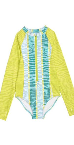 zella - Kids' Trinity Long Sleeve One-Piece Rashguard Swimsuit in Teal Ballet Radio Stripe