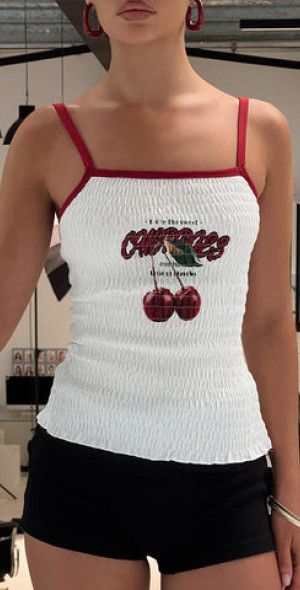 Princess Polly - Cherrie Ties Shirred Graphic Top White