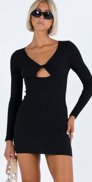 Princess Polly Lower Impact - Dreama Long Sleeve Mini Dress Black