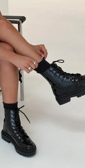 Princess Polly - Obey Combat Boots Black Croc