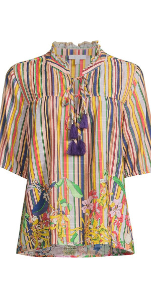 Johnny Was - Women's Aldrich Stripe Pleated Cotton-Blend Blouse