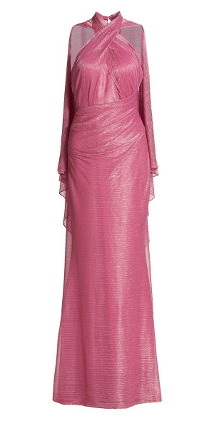 Talbot Runhof - Women's Metallic Voile Halter Cape Gown