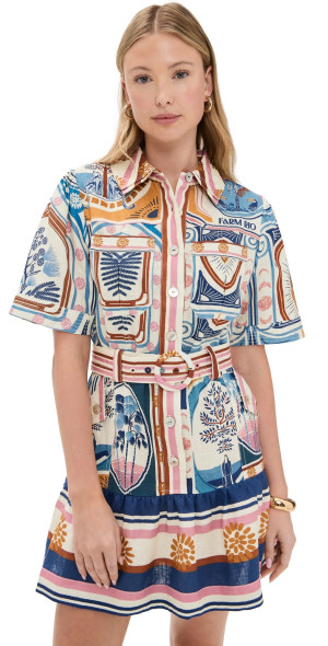 FARM Rio - Cerrado Stamps Cream Short Sleeve Mini Dress Cerrado Stamps ...