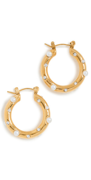 Kenneth Jay Lane - Pearl & Crystal Dot Hoops Gold One Size