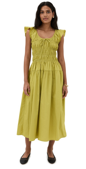 Moon River - Ruffle Sleeve Shirred Midi Dress Kiwi L