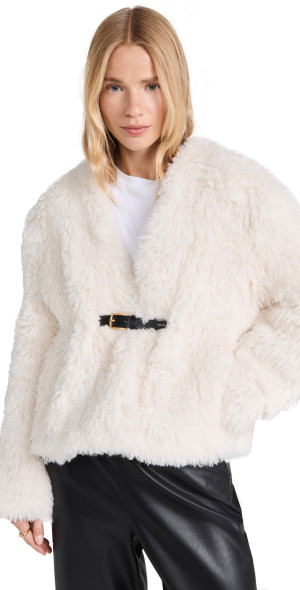RECTO - Faux Shearling Belted Strap Detail Coat Ivory L
