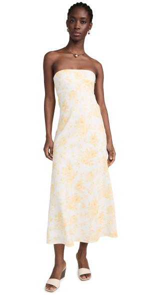 WAYF - Strapless Midi Dress Yellow Roses S