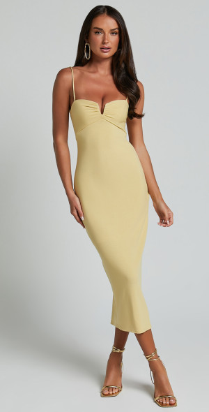 Showpo - Ariella Midi Dress - Strappy Cut Out Back Split Dress in Lemon