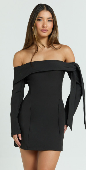 Showpo - Eljay Mini Dress - Long Sleeve Off Shoulder Knot Detail Dress in Black