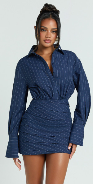 Showpo - Elliot Mini Dress - Long Sleeve Pinstripe Workwear Shirt Dress ...