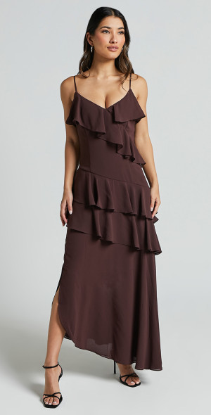 Showpo - Emily Midi Dress - Strappy Asymmetric Ruffle Dress in Chocolate