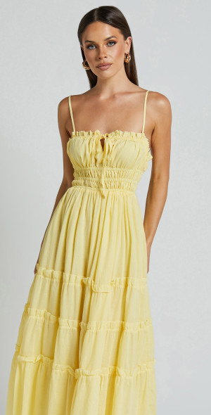 Showpo - Schiffer Midi Dress - Strappy Ruched Tie Front Tiered Dress in ...