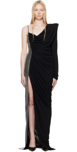 Balmain - Black Draped Asymmetrical Two-Material Maxi Dress
