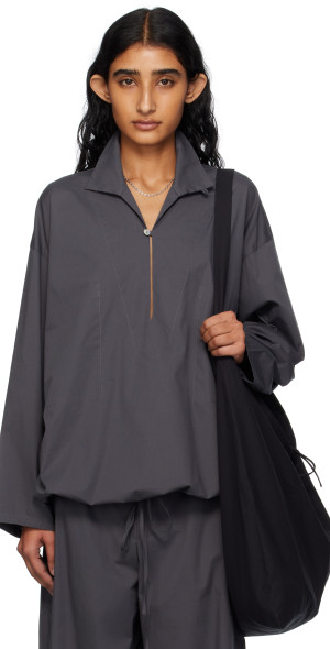 Bambou Roger Kwong - Gray Stretch Cotton Micro Faille Vareuse Blouse