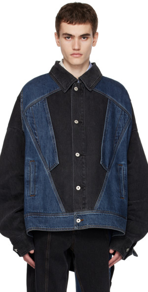 Feng Chen Wang - Black & Blue Paneled Denim Jacket