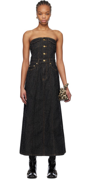 GANNI - Black Fluffy Denim Corsage Maxi Dress