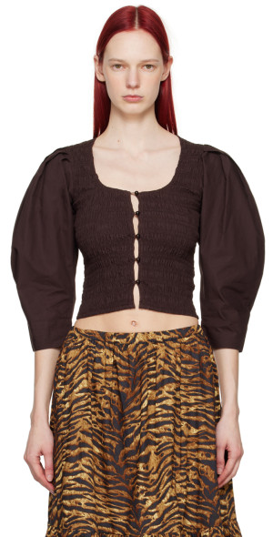 GANNI - Brown Smocked Blouse