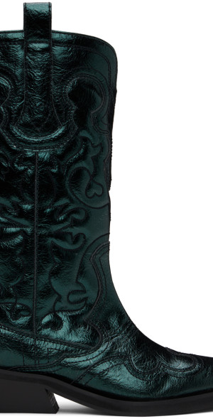 GANNI - Green Metallic Mid Shaft Embroidered Western Boots