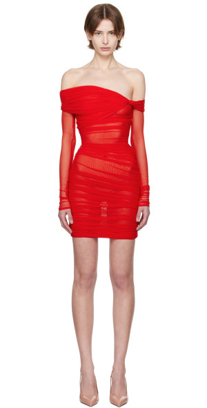 Mugler - Red Off-Shoulder Ruched Minidress