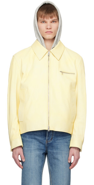 Solid Homme - Yellow Spread Collar Leather Jacket