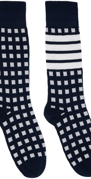 Thom Browne - Navy Gingham 4-Bar Socks