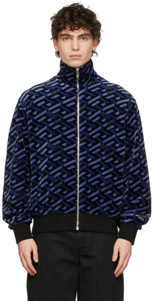 Versace - Blue & Black Chenille Monogram Zip-Up Jacket